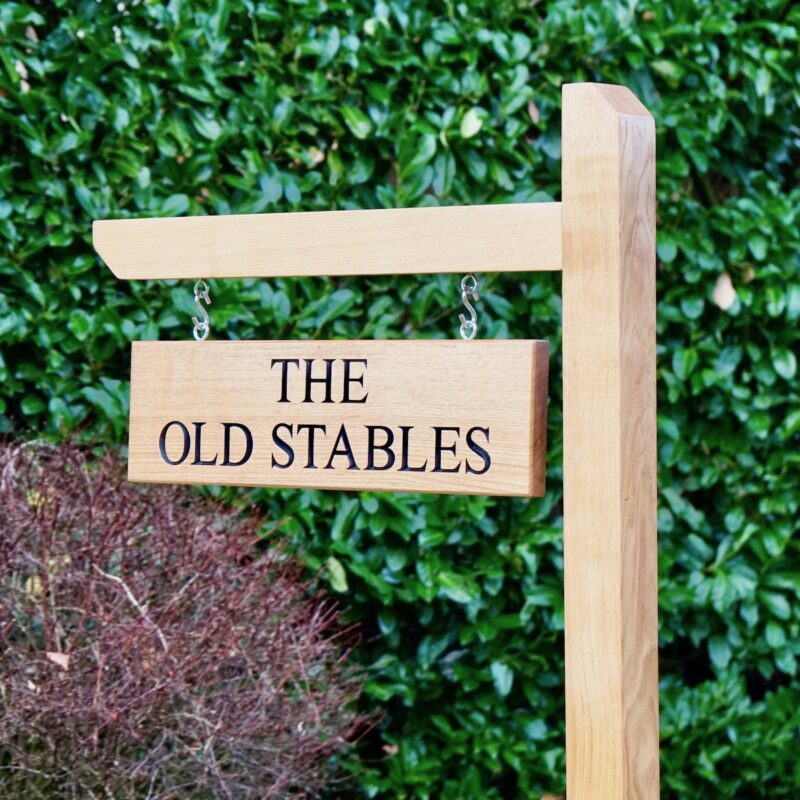 Engraved Oak Hanging Sign on Post | Traditional Wooden Gifts